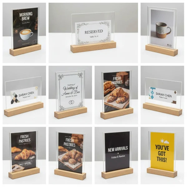 Table standees-Wooden Base Acrylic Table Talkers A6 | Cut Graphics
